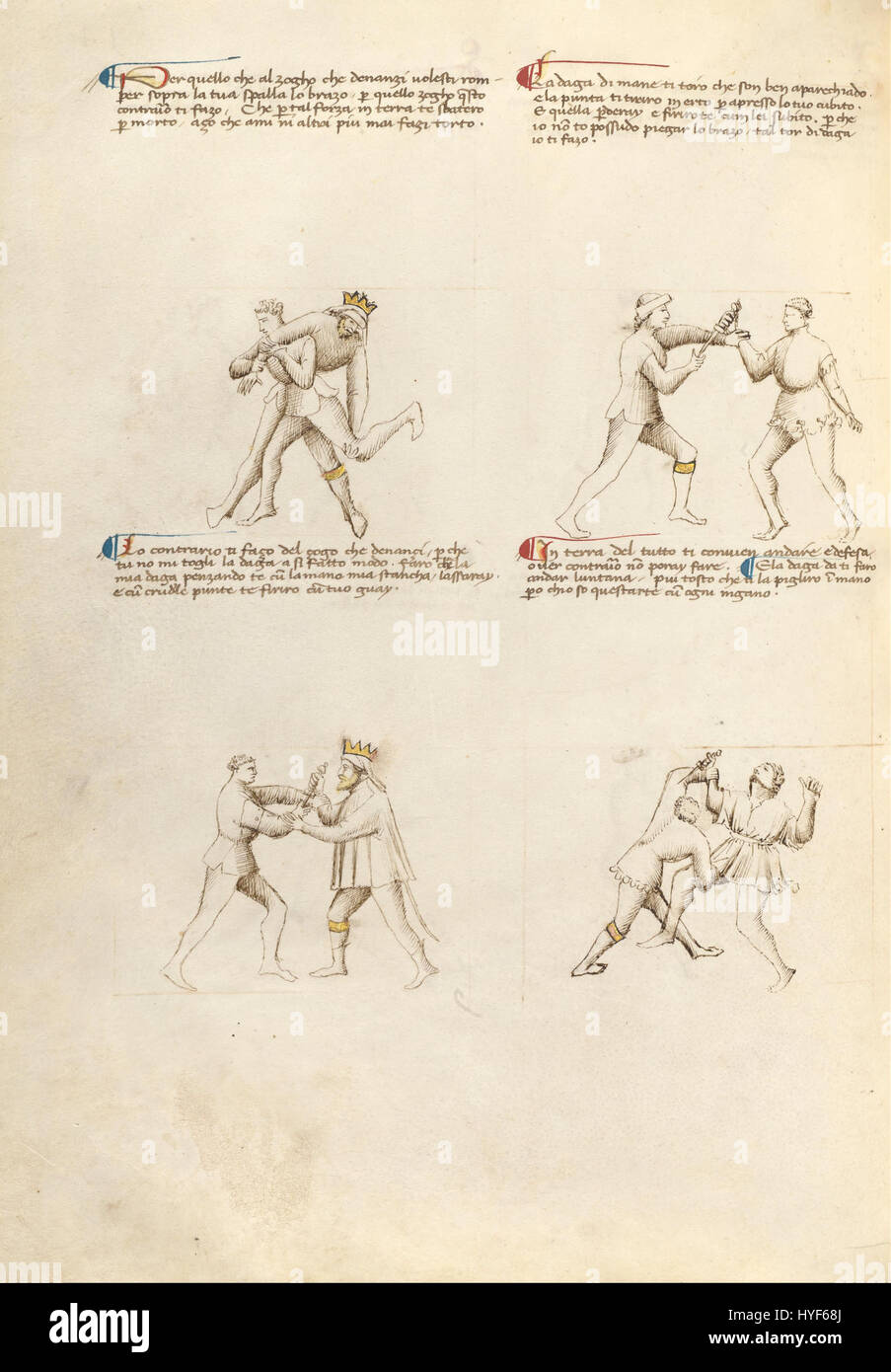 This manuscript page from 'Fiore dei Liberi’s' combat manual depicts a ...
