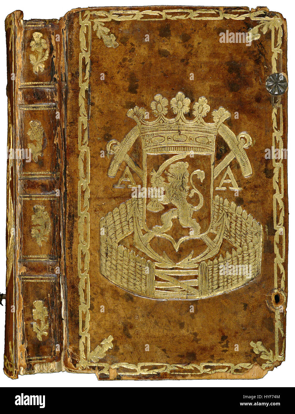 This object is a marbled calfskin binding, with yellow-brown and ...