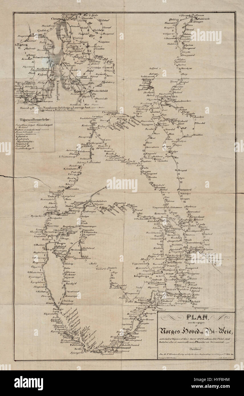 This historical map depicts the key areas of Norway, including its ...
