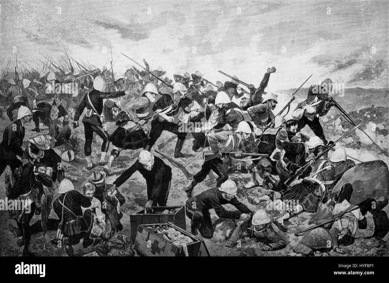 The Majuba Hill battle, part of the Second Anglo-Zulu War, is depicted ...