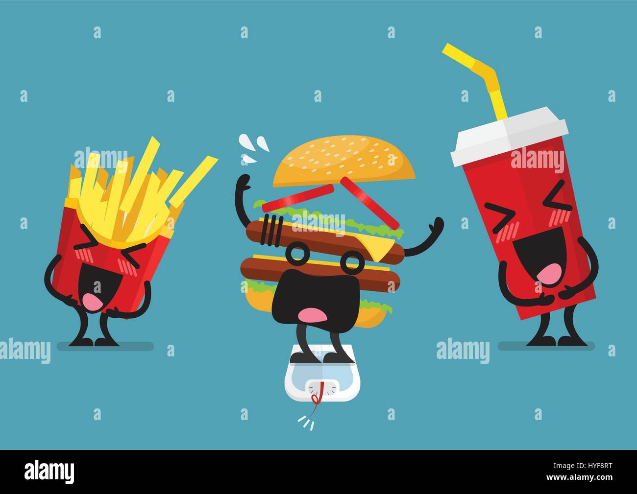 Funny laughing French fries and soft drink character with overweight ...