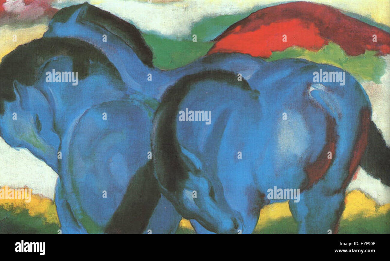 An artwork featuring a depiction of small blue horses, showcasing an ...