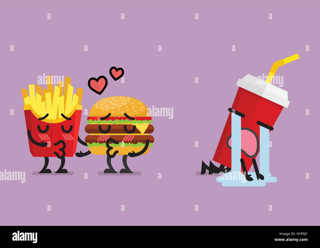 Fast food fall in love kissing with heartbroken soft drink character ...