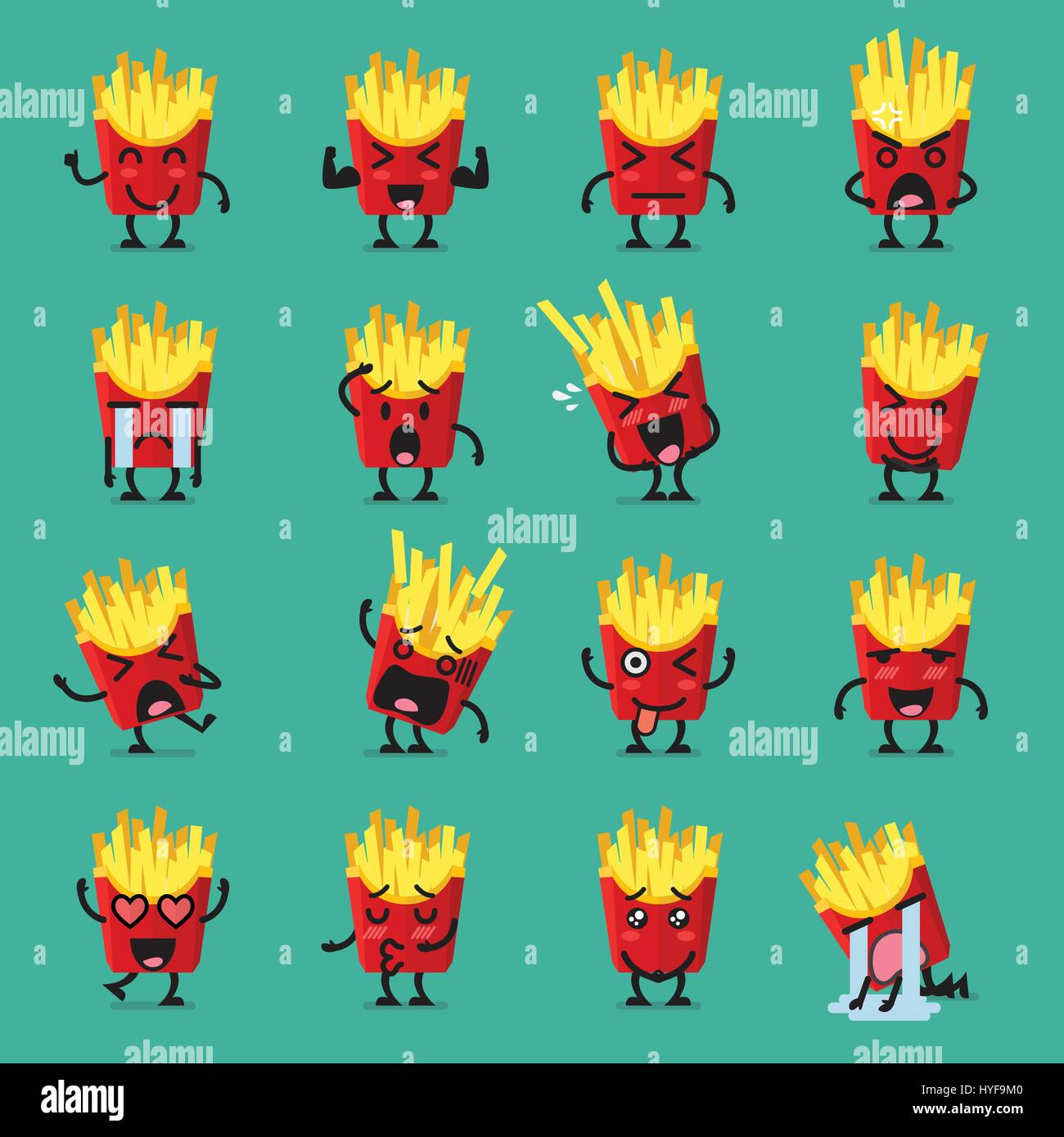 French fries character emoji set. Funny cartoon emoticons Stock Vector ...