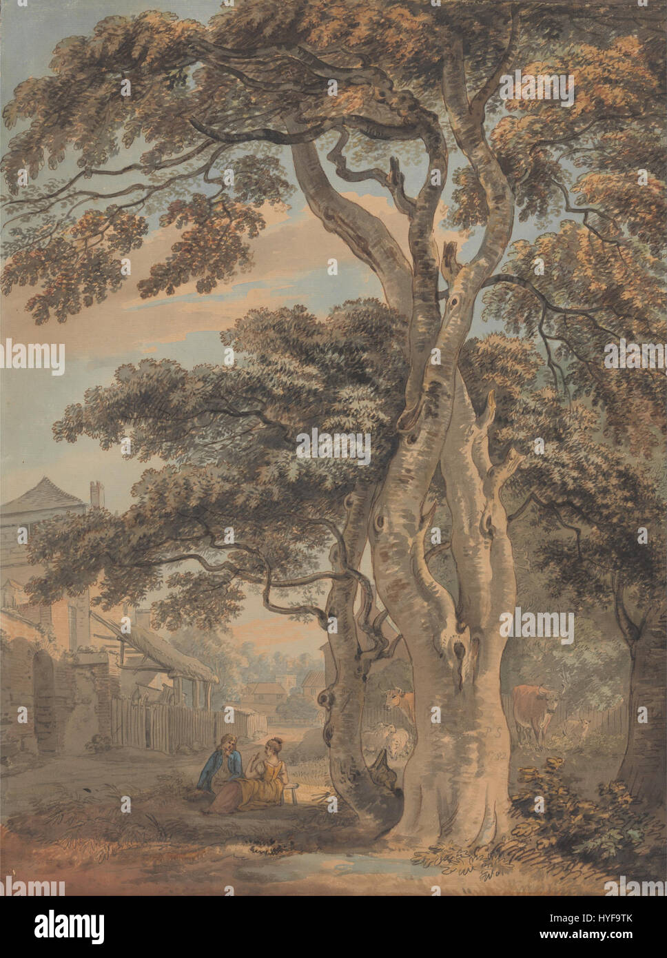 Paul Sandby's painting *Couple in a Farmyard* depicts a rural scene ...