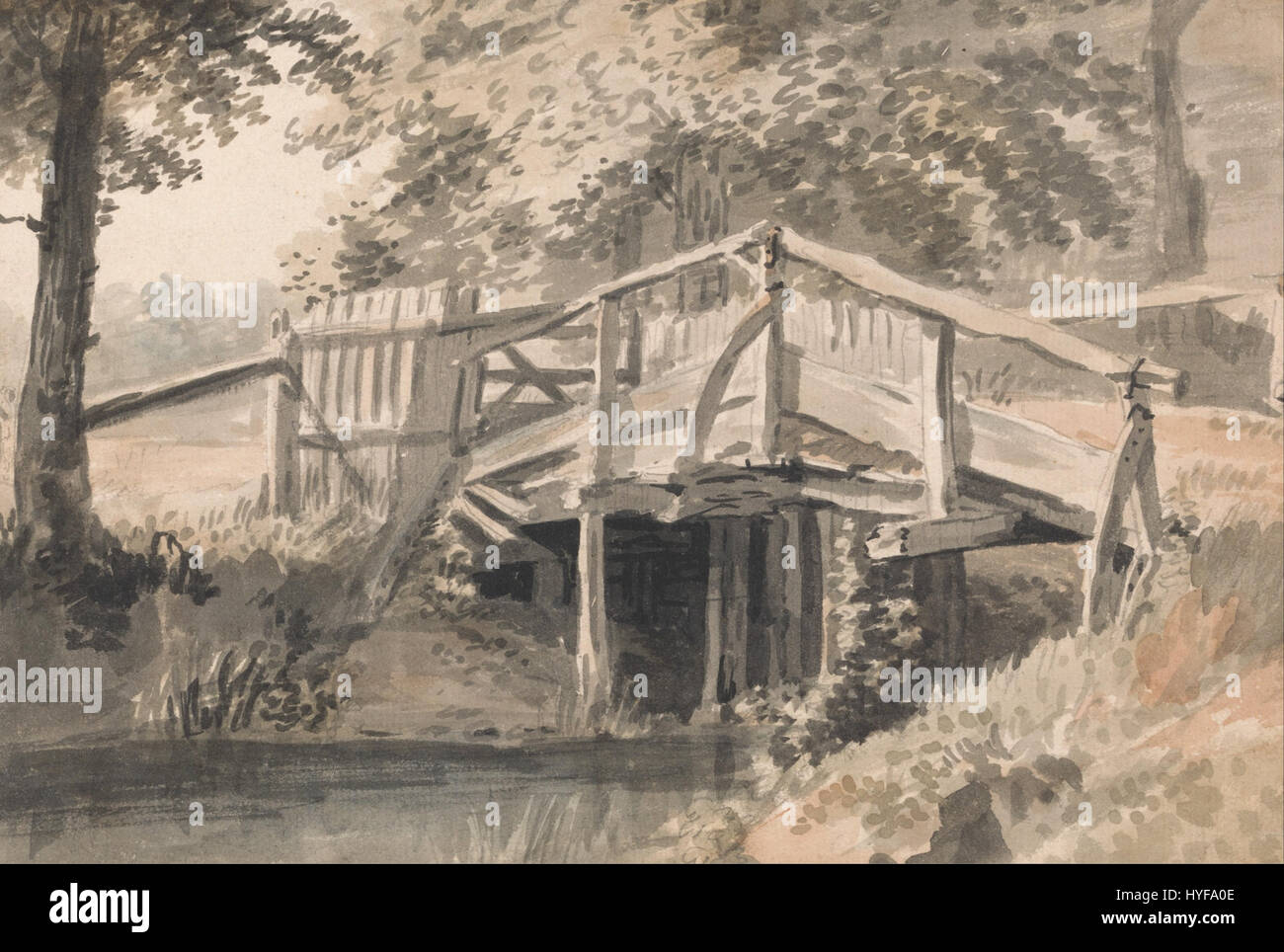 'Stream and Wooden Bridge' by Paul Sandby captures a peaceful rural ...