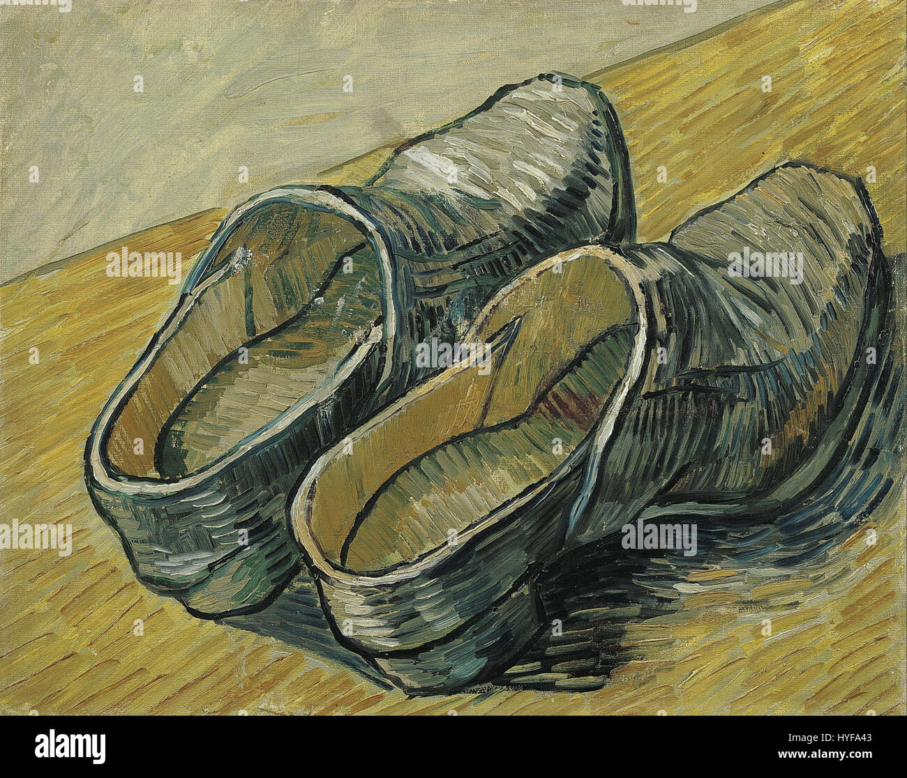 A still life by Vincent van Gogh featuring a pair of leather clogs. The ...
