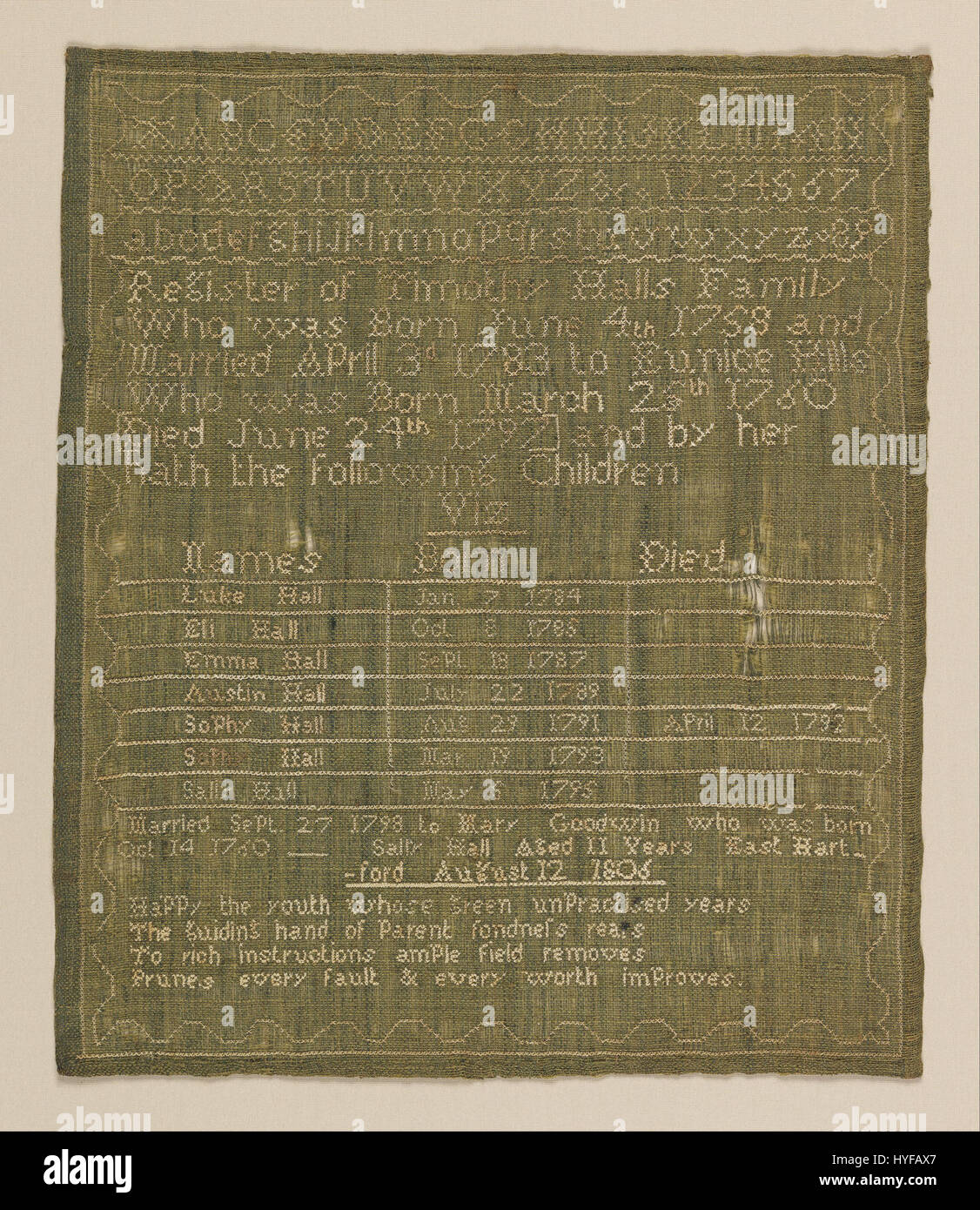 The Sally Hall Sampler is a piece of needlework from the 18th century ...