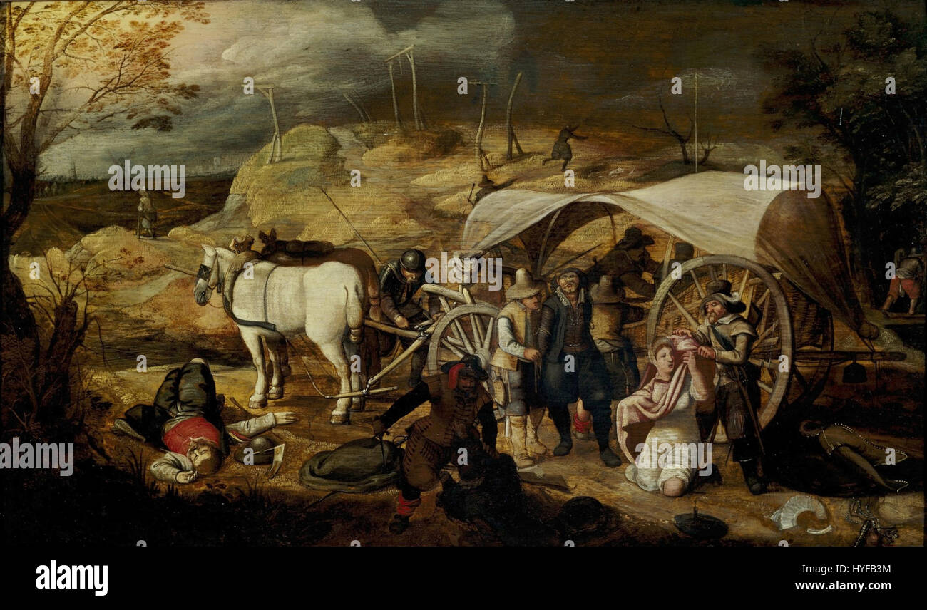 Sebastiaan Vrancx's painting depicts soldiers ambushing a carriage with ...