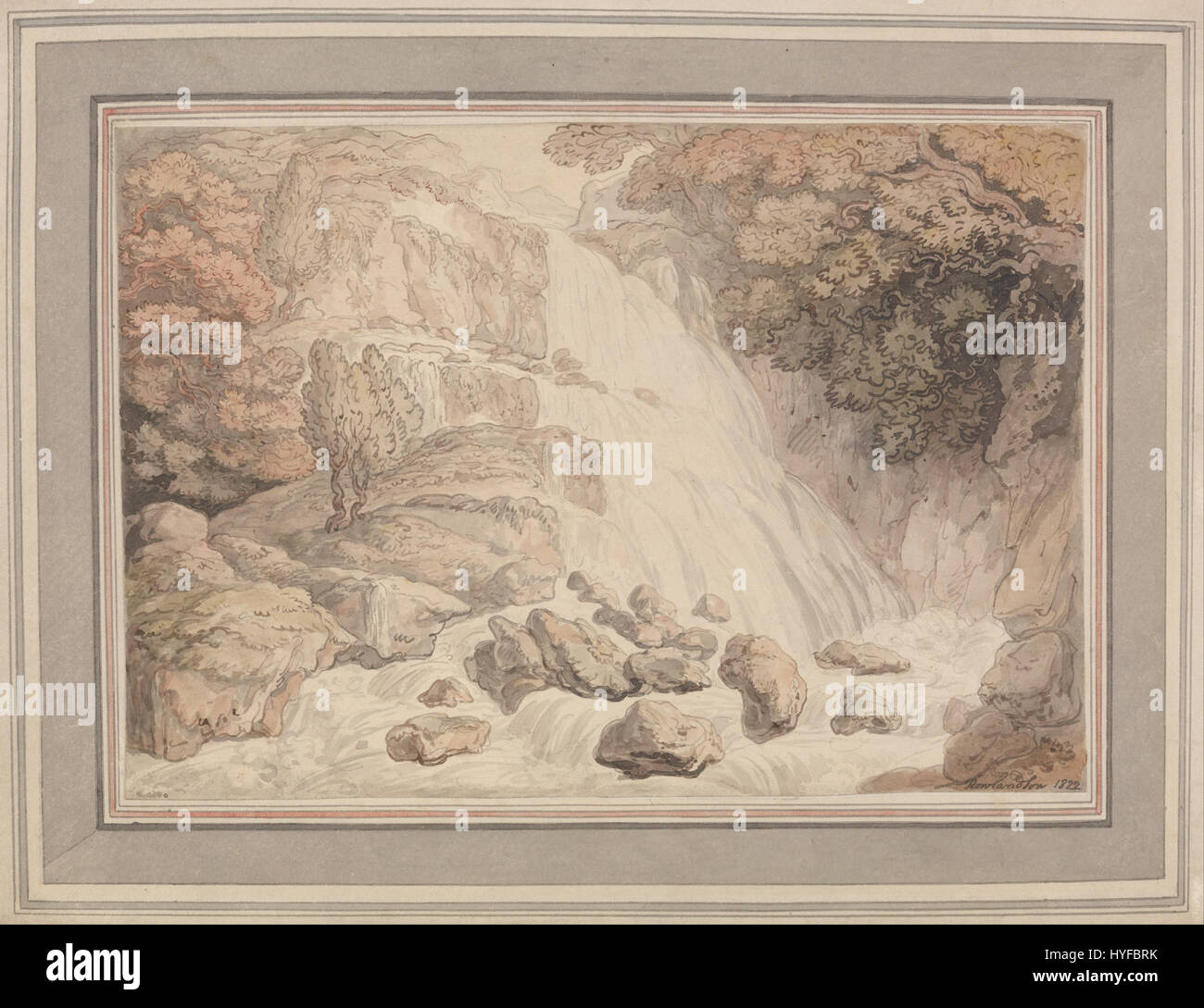 'A High Waterfall' by Thomas Rowlandson captures the dramatic movement ...