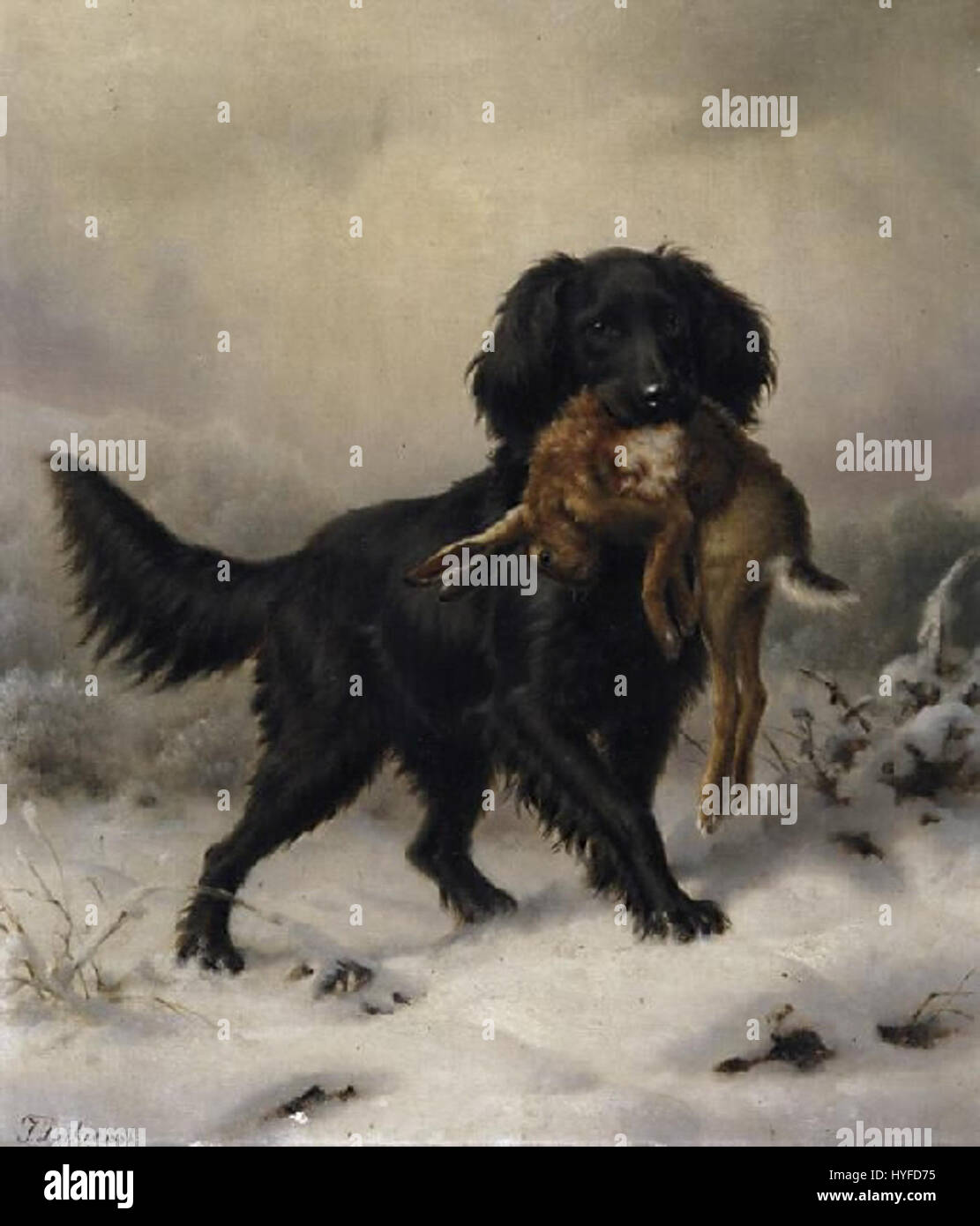 Johannes Deiker's painting 'Schwarzer Setter apportiert Hasen in ...