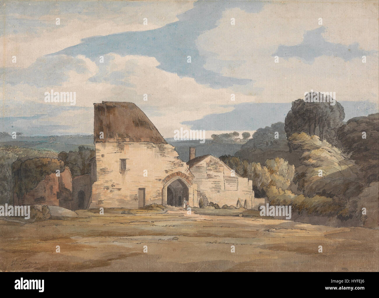 A watercolor painting by Francis Towne, depicting Dunkerswell Abbey in ...