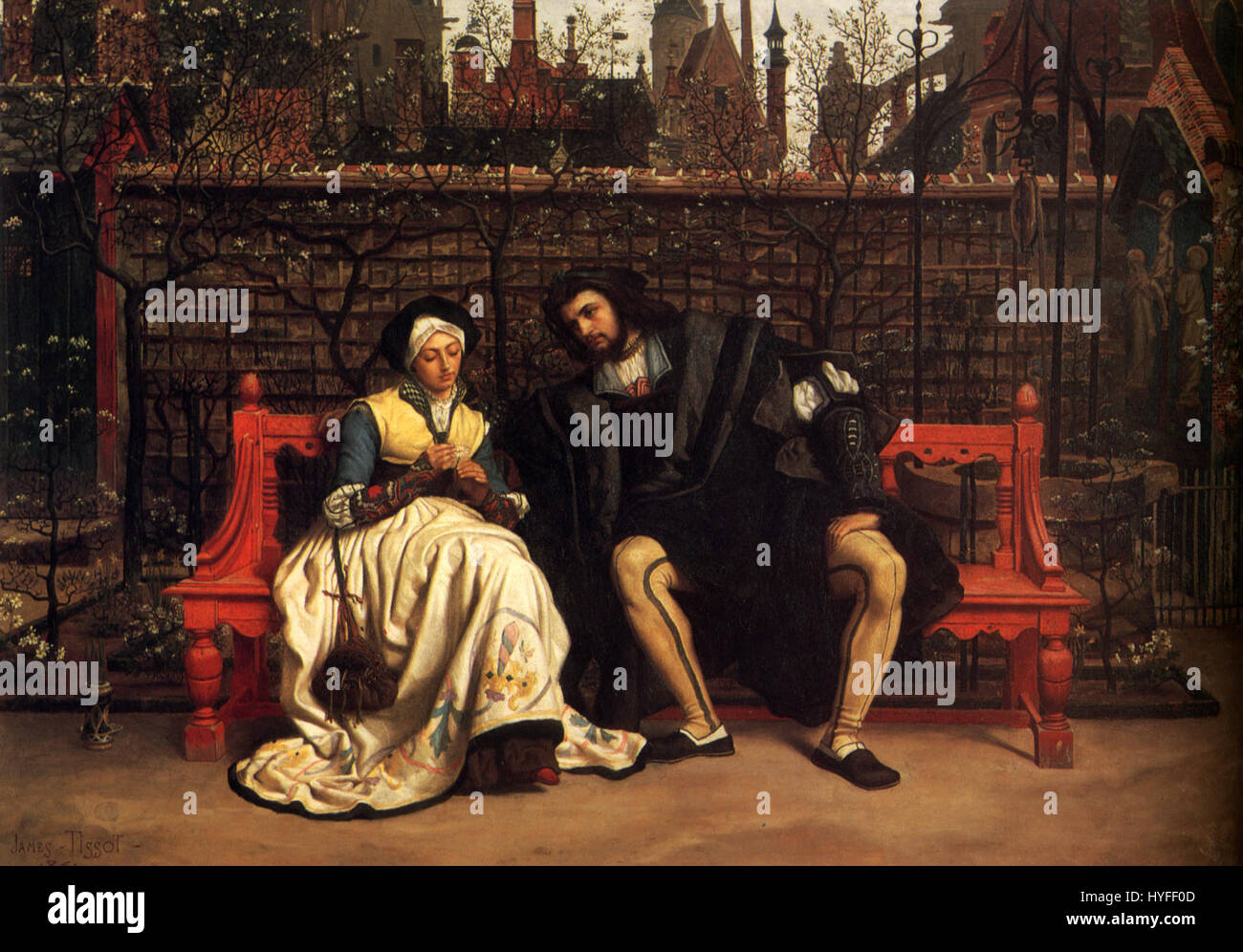 'Faust and Marguerite in the Garden' by James Tissot depicts a romantic ...