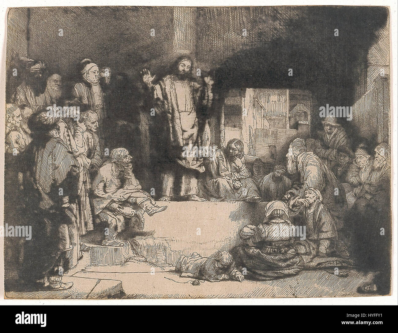 This painting by Rembrandt Harmensz. van Rijn depicts Christ preaching ...