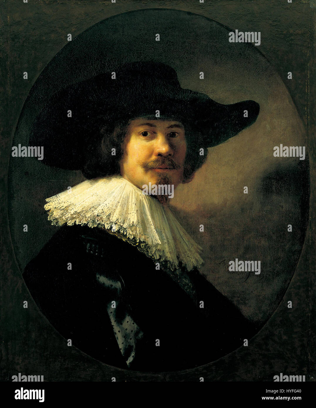 A portrait by Rembrandt van Rijn, showcasing a man wearing a broad ...