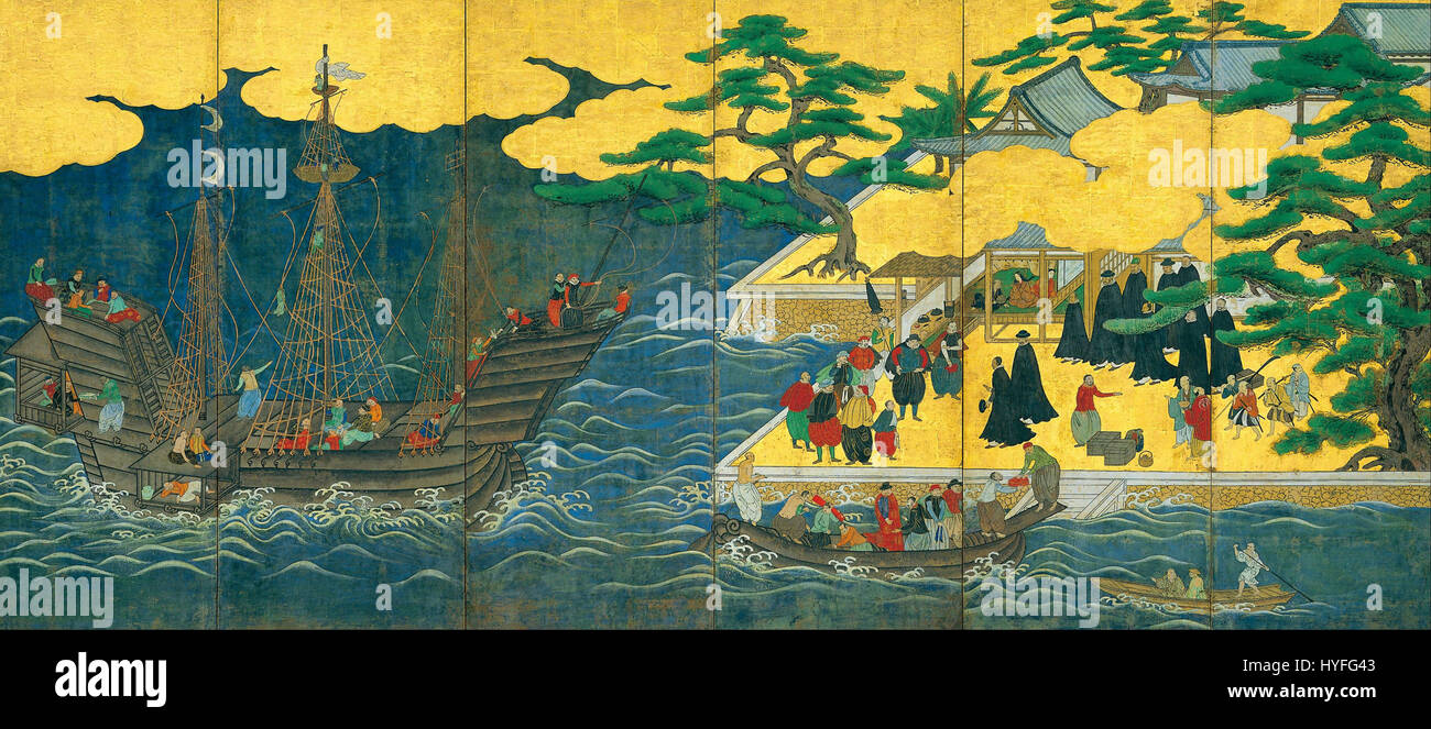 The Namban Screen is a Japanese folding screen depicting the arrival of ...