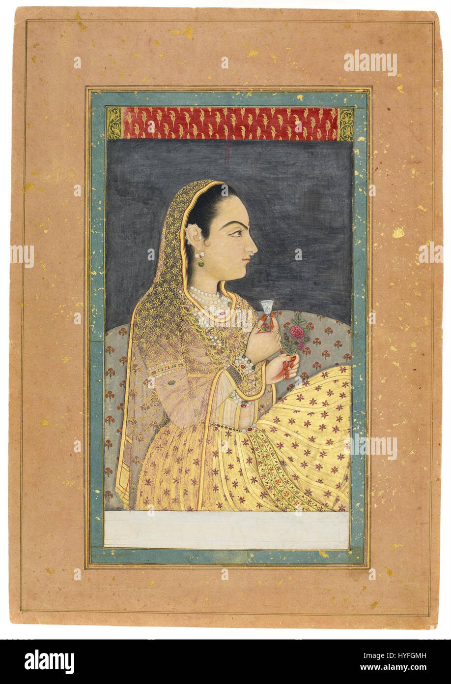 This portrait depicts an unknown Indian woman holding a cup and a ...