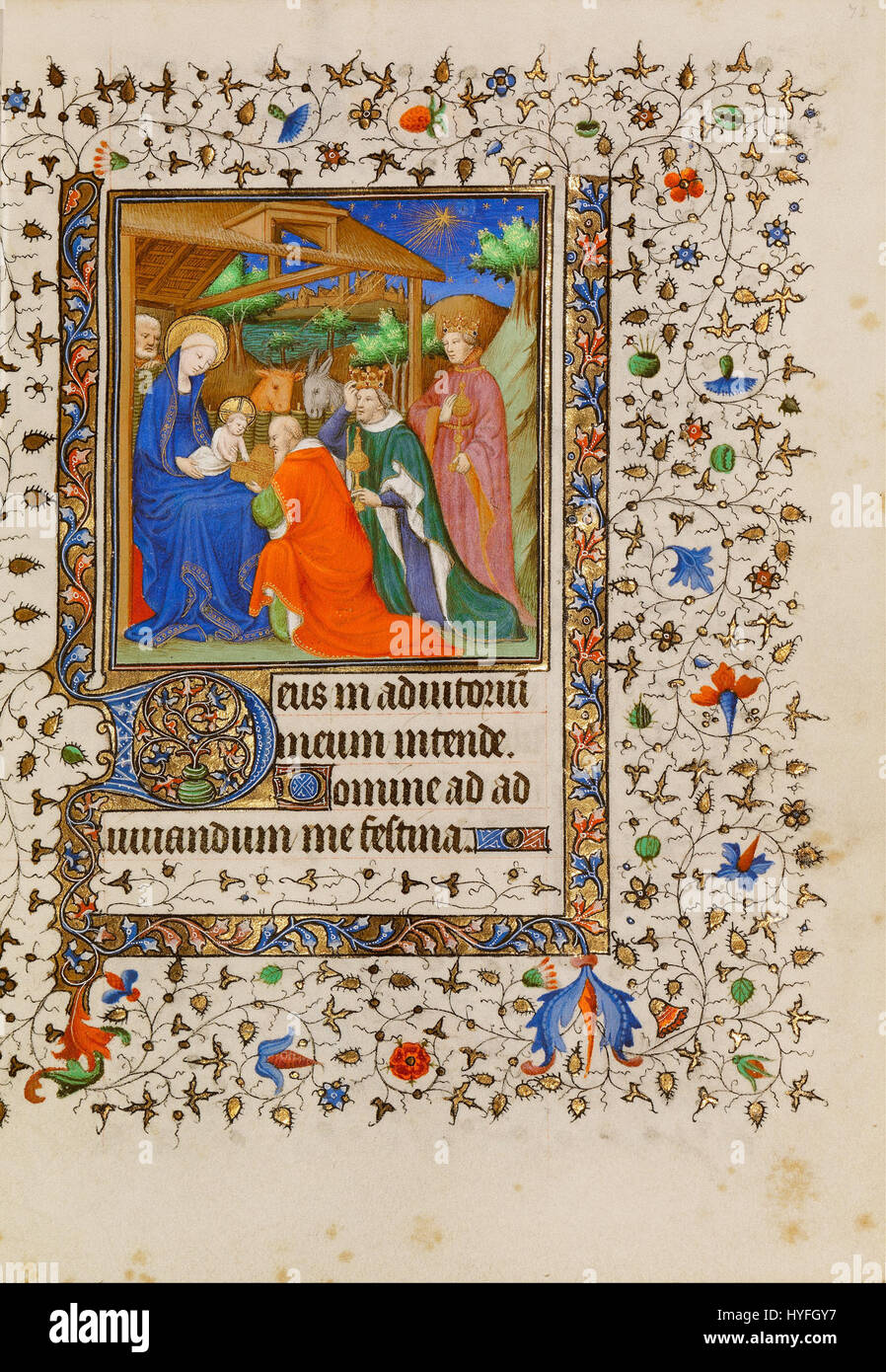 'The Adoration of the Magi' portrays the biblical scene of the Three Kings presenting gifts to ...