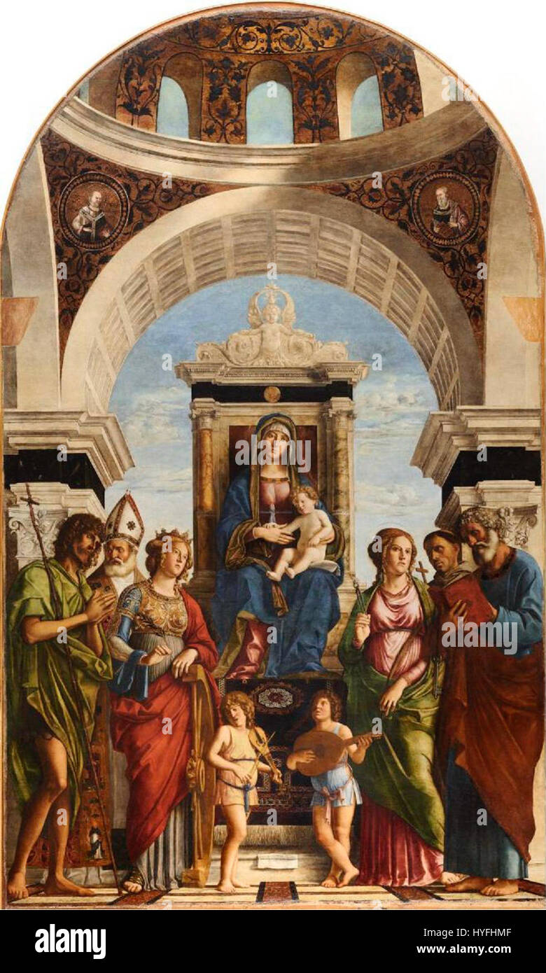 This painting, 'Madonna in Trono col Bambino fra Angeli e Santi,' by Cima da Conegliano depicts ...