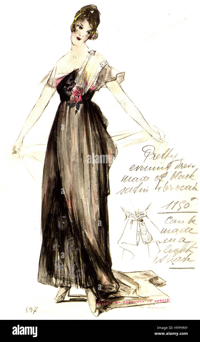 This fashion illustration features a satin evening dress designed by ...