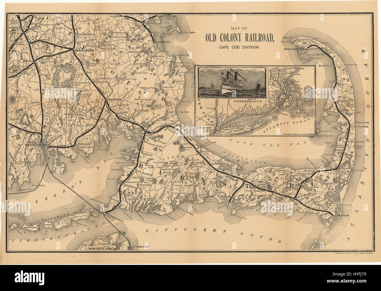 This 1888 map depicts the Old Colony Railroad's route across Cape Cod ...