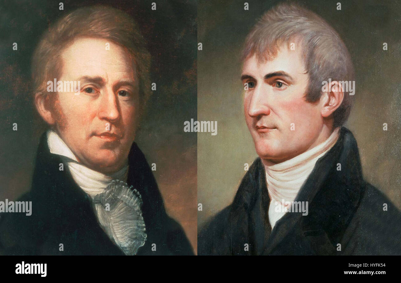 This artwork depicts explorers Lewis and Clark standing side by side ...
