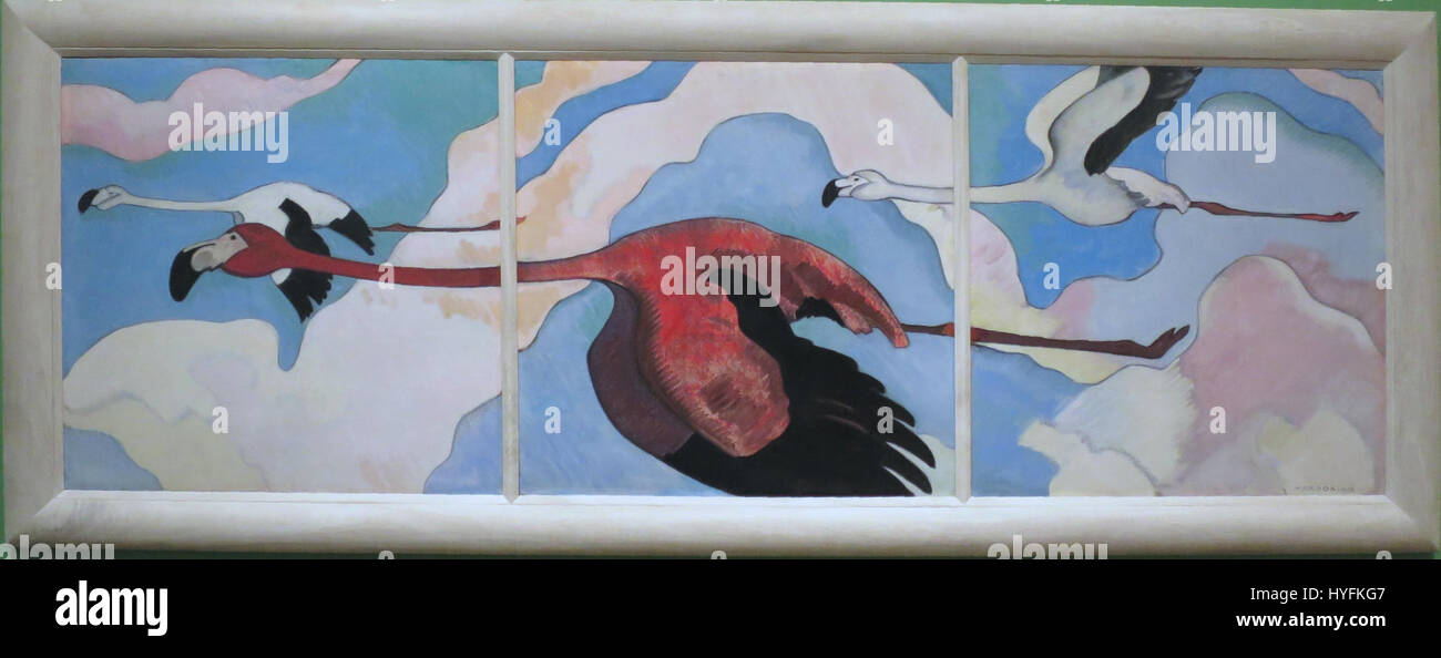 'Flamingos in Flight' is a photograph or painting capturing the elegant ...