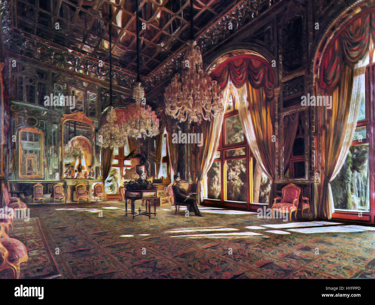The *Mirror Hall* artwork depicts an elegant and symmetrical space ...