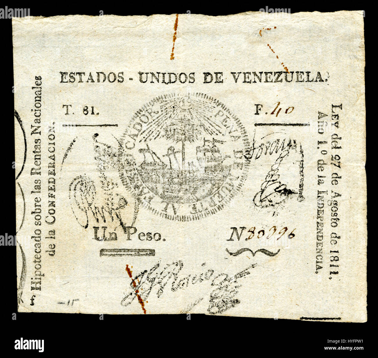 The 1811 1 peso coin from the United States of Venezuela, part of the ...