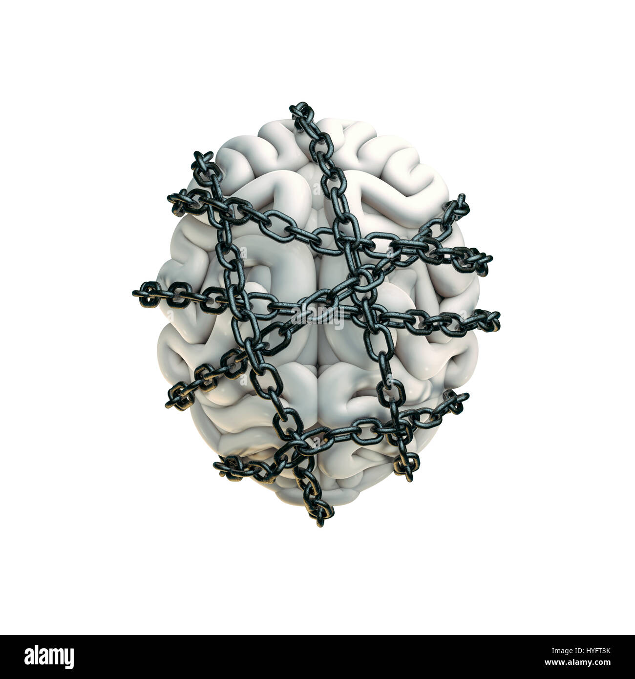 Forbidden thoughts concept / 3D illustration of human brain bound with ...
