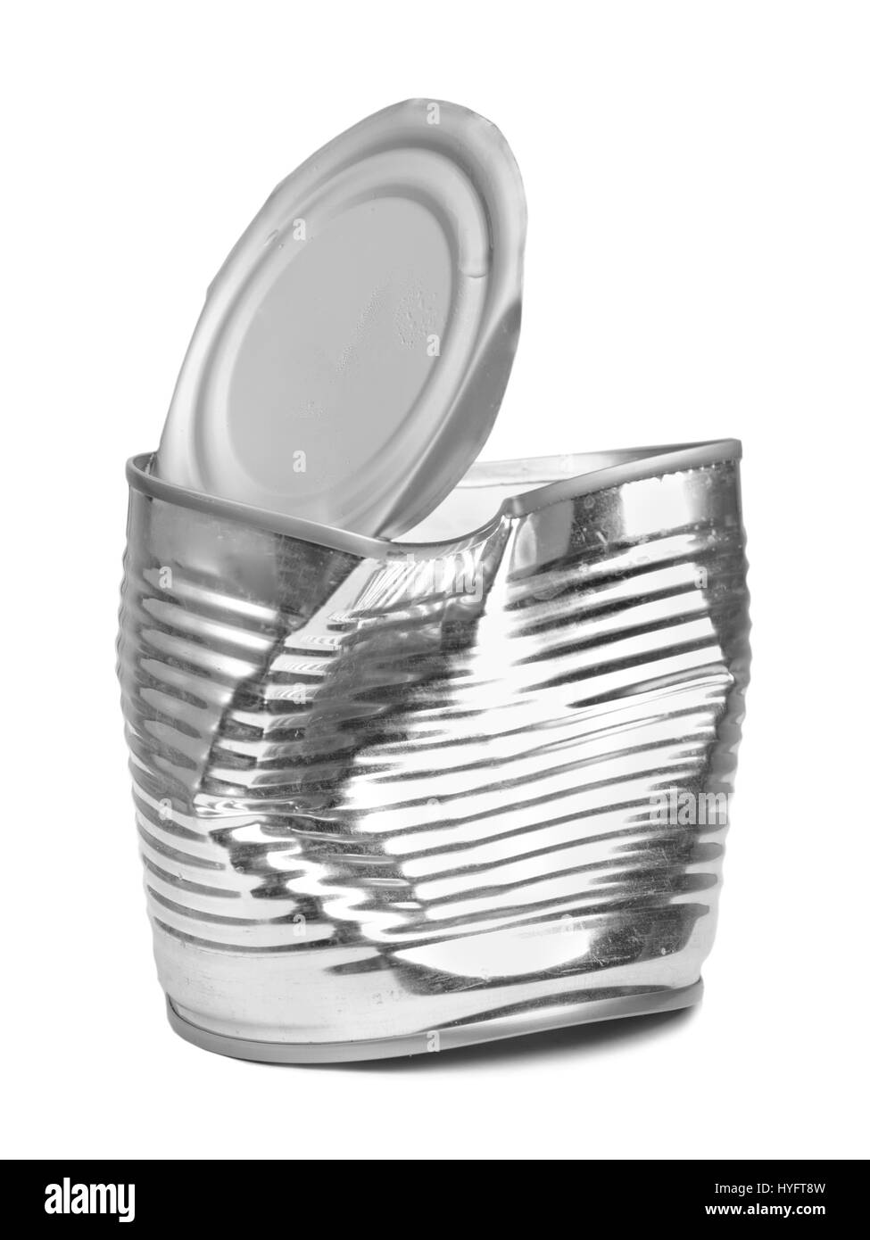 Crushed tin can isolated on white background Stock Photo - Alamy