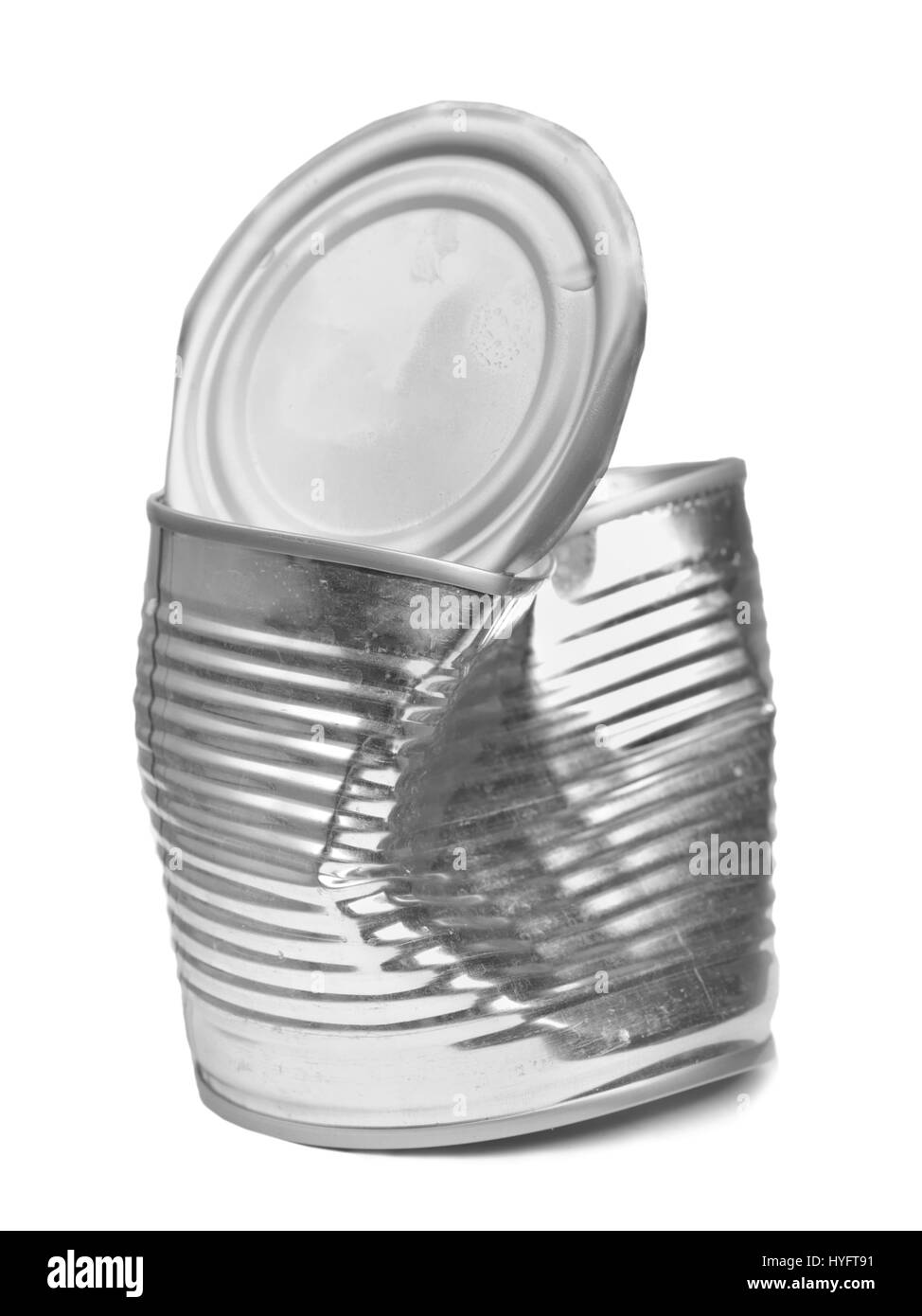 Crushed tin can isolated on white background Stock Photo - Alamy