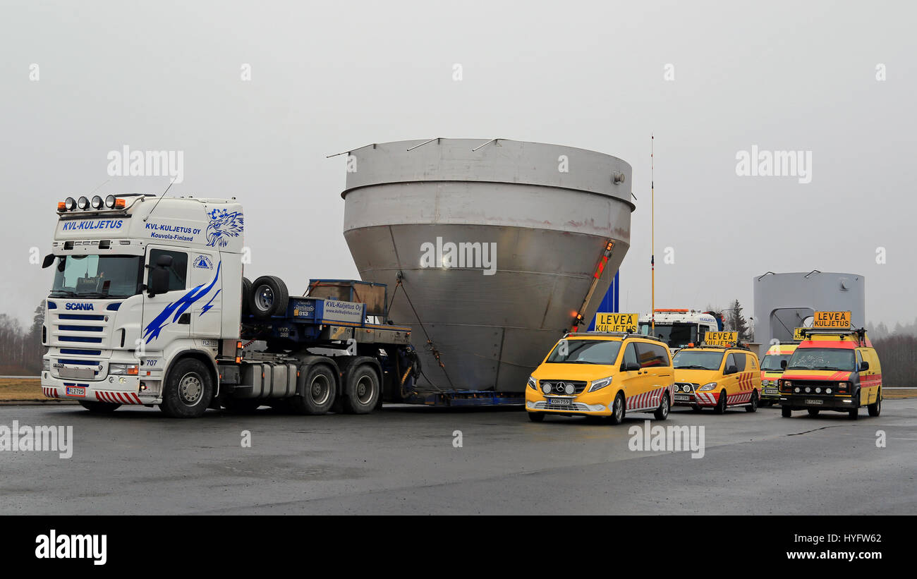 FORSSA, FINLAND - APRIL 2, 2017: Wide load transports of max 7,6 m wide ...