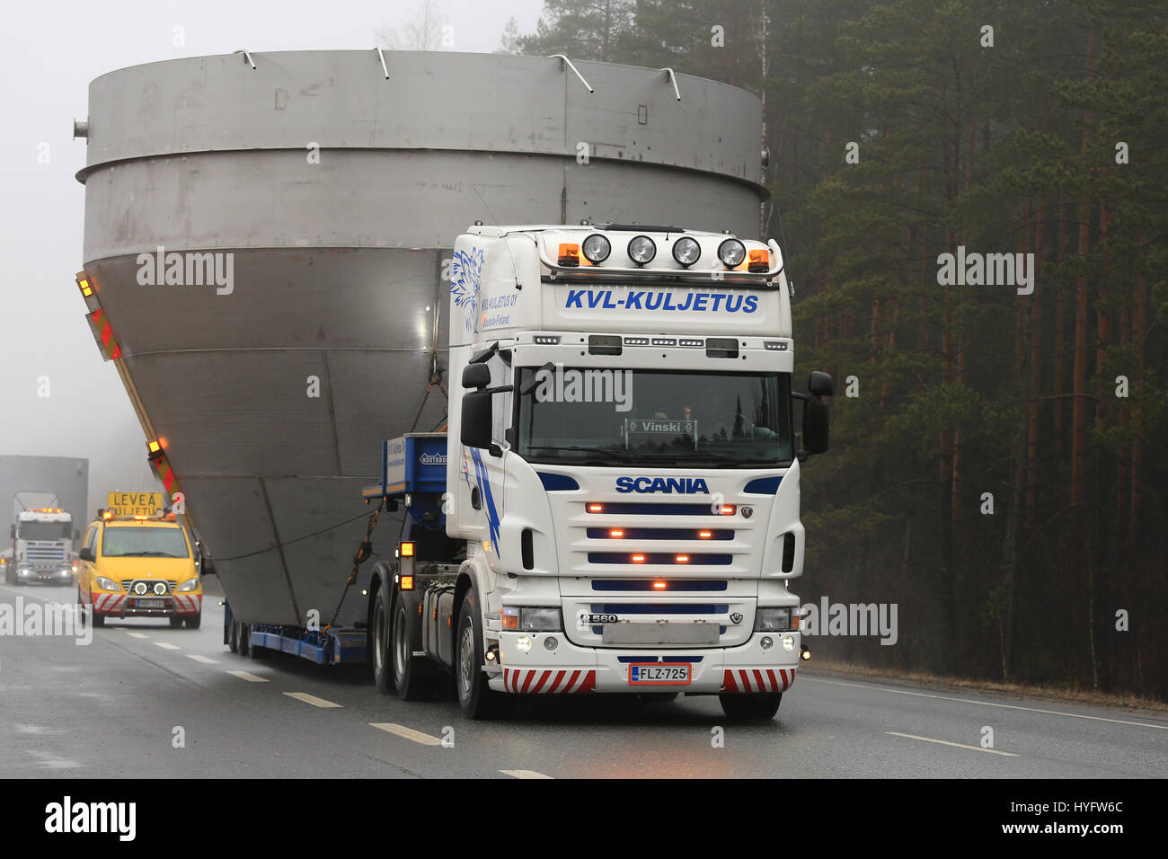 FORSSA, FINLAND - APRIL 2, 2017: Scania R560 semi wide load transport ...