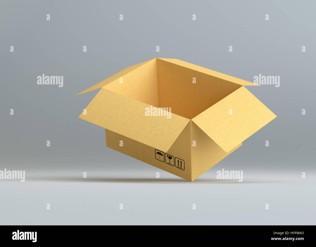 Empty open cardboard box on gray background Stock Photo - Alamy