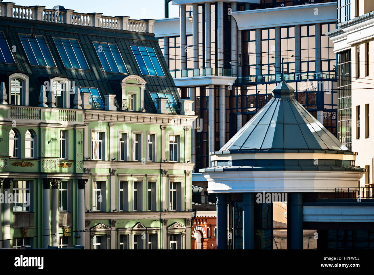 Closeup view of architectural details of old and new, ancient and ...