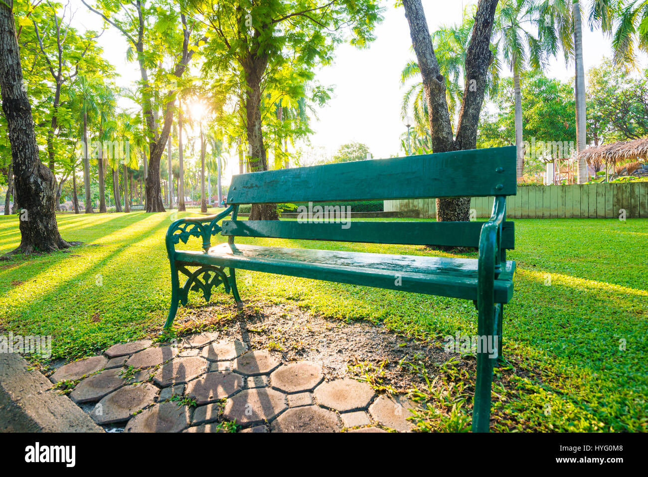 Park and bench for recreation area in the city, Green grass Stock Photo ...