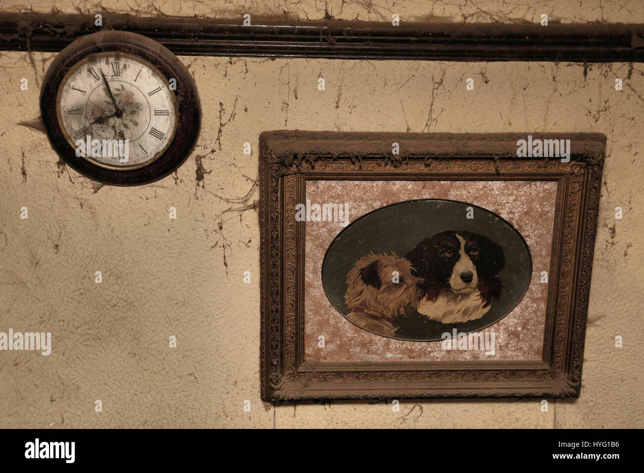 LICHFIELD, UK: A clock stopped at nearly four o clock and a dog picture ...