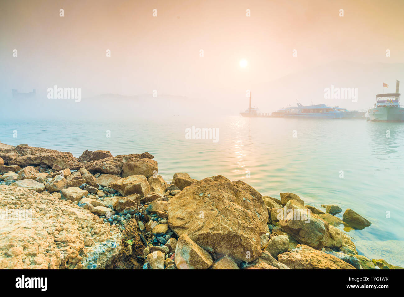 Sun Moon Lake at morning with fog, Taiwan Stock Photo - Alamy