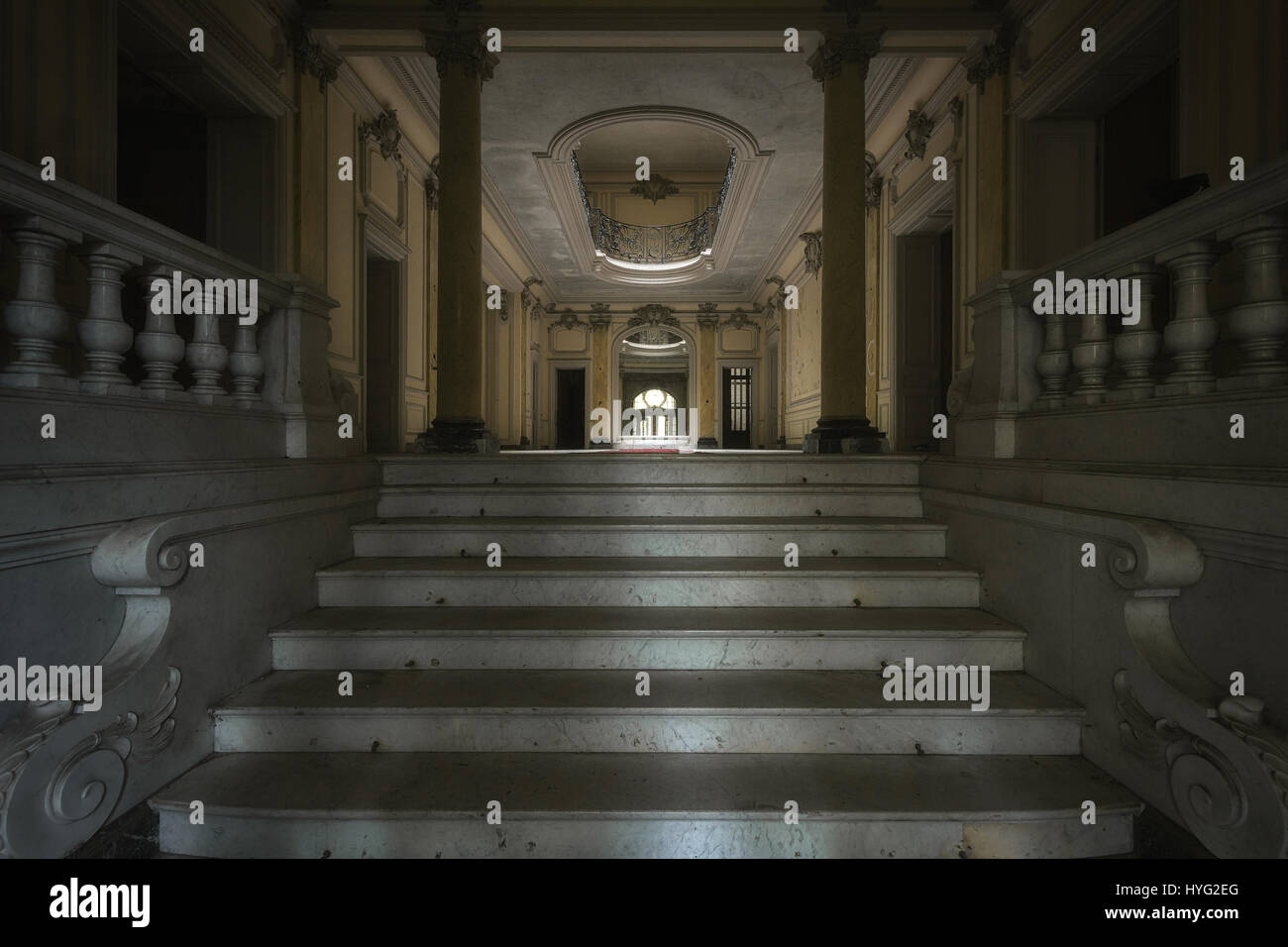 EUROPE: The main entrance hall in an Chateau which was abandoned almost ...