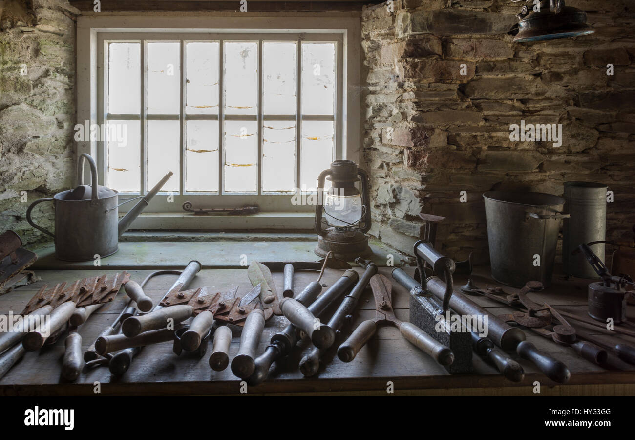 Inside a tool shed at the Lost Gardens of Heligan, Cornwall, UK Stock ...