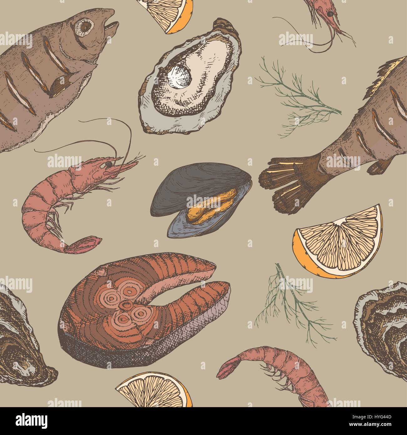Hand drawn seafood vector color seamless pattern Stock Vector Image ...