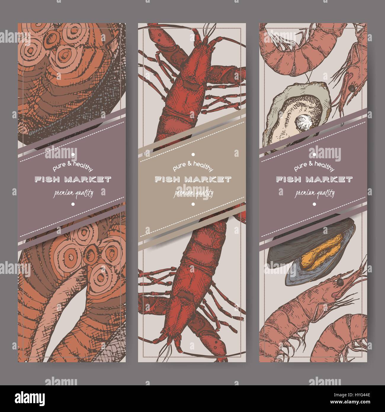 Three color vertical banners with fish, shrimps, lobster, oysters ...
