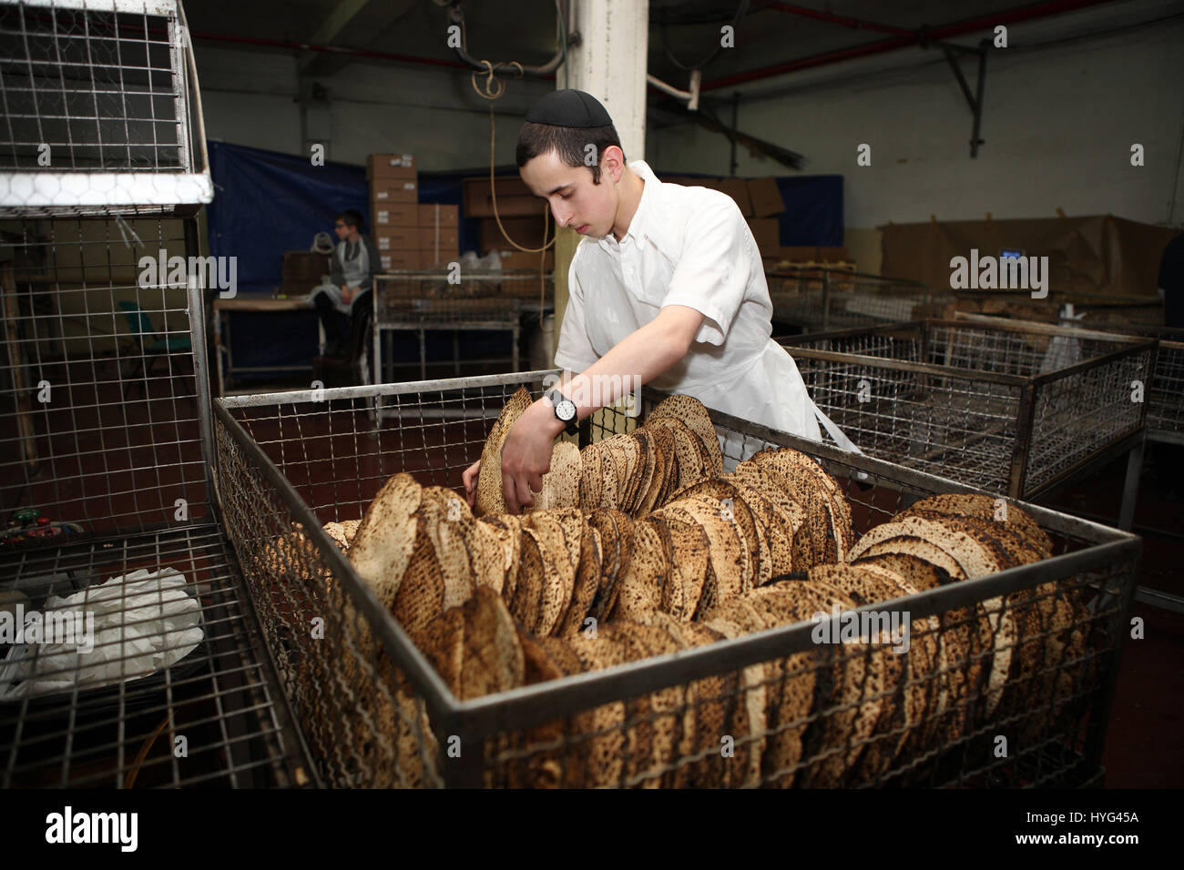 Religious Jewish boy puts baked Matza Shmura in a box to distribute in ...