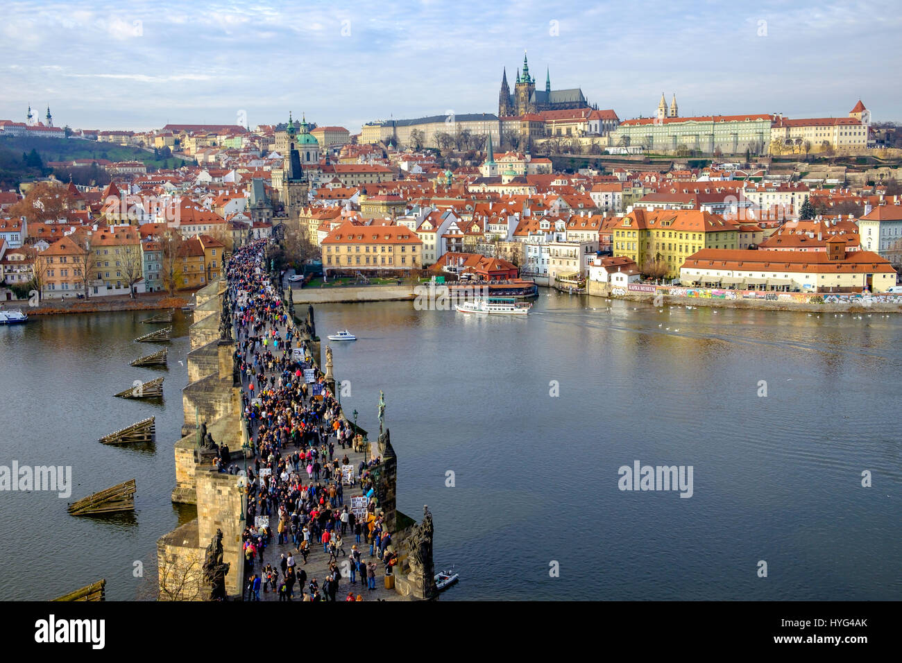 Prague, Czech Republic - 19 December 2015: Charles bridge with crowds ...
