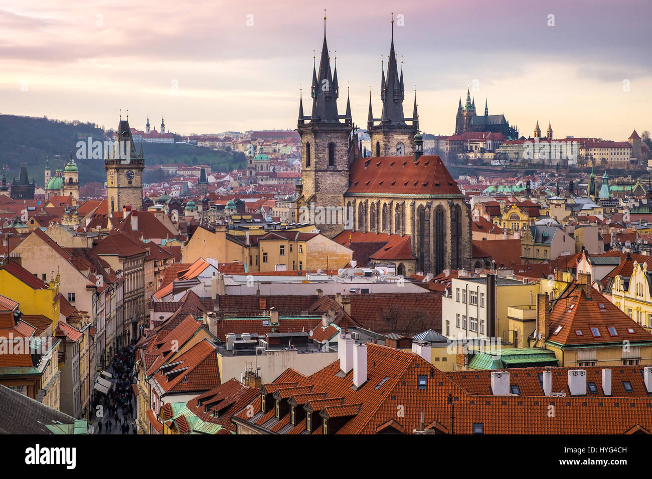 Cityscape of Prague old town with beautiful towers and castle, Czech ...