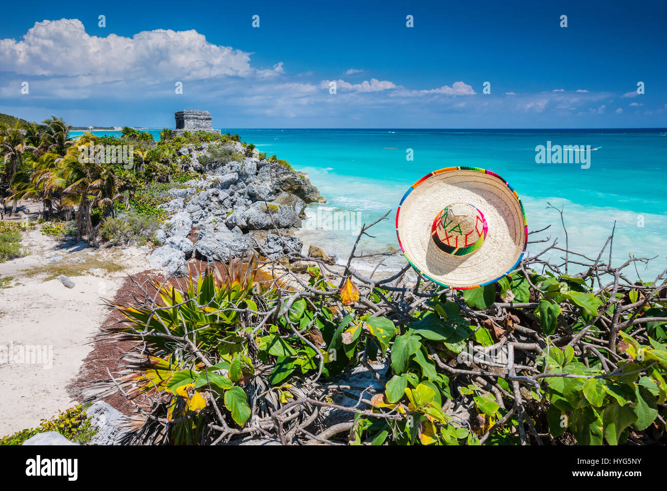 Sombrero, straw hat and Mayan pyramid in Tulum, Mexico Stock Photo - Alamy