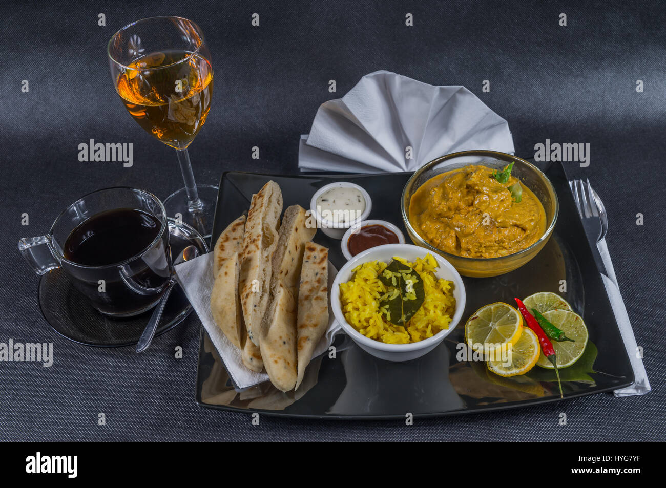 Oriental Indian set, chicken korma, naan bread, plate, coffee, white ...