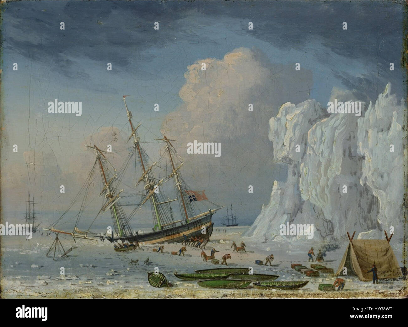 'Caught in the Ice' by Thomas A. Binks, painted in 1830, depicts a ...