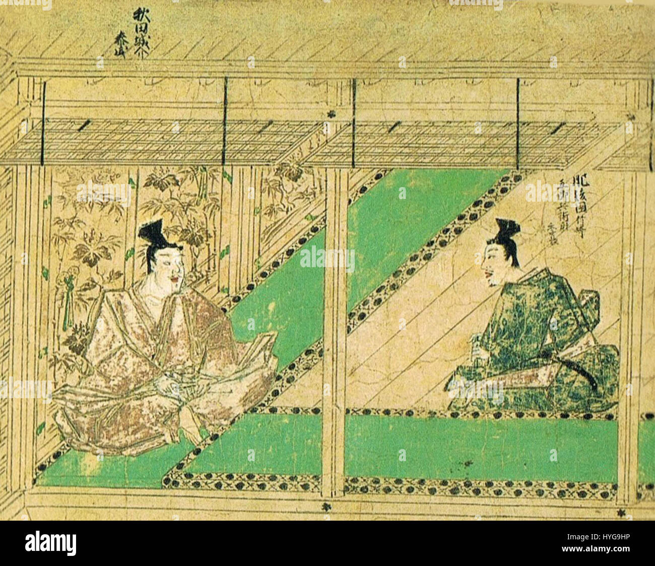This image depicts Adachi Yasumori and Takezaki Suenaga, two samurai ...